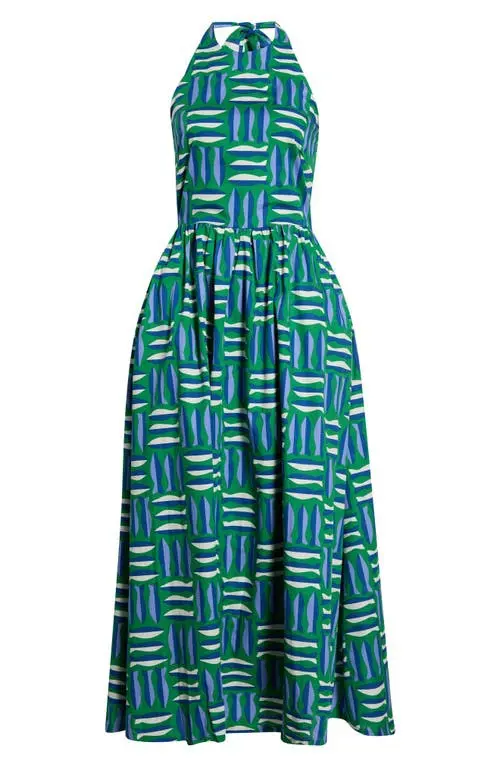 SUGARLIPS Daine Fish Print Cotton Halter Maxi Dress