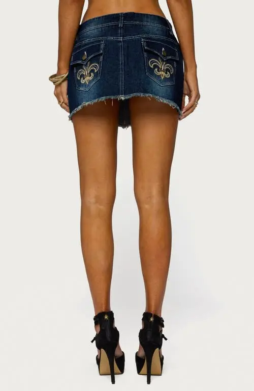 EDIKTED Dreya Embroidered Low Rise Denim Miniskirt