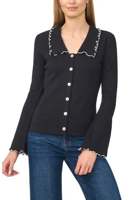 CECE DUPRAZ Ribbed V-neck Long Sleeve Top With Lettuce Trim - Rich Black