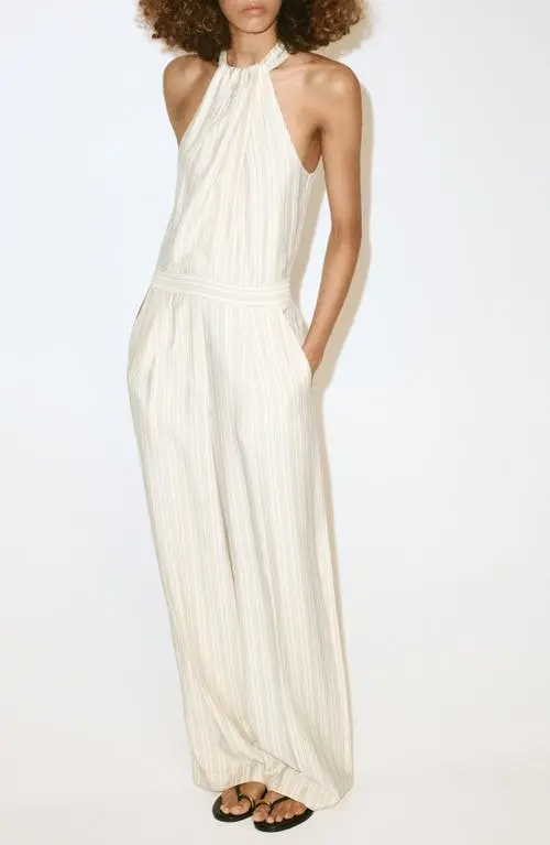 Mango Striped Halter Wide Leg Jumpsuit - Ecru