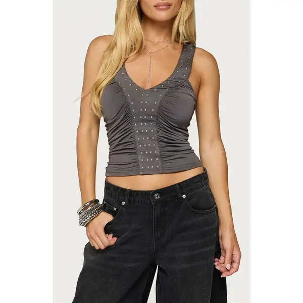 EDIKTED Whitt Studded Ruched Tank Top - Dark-gray