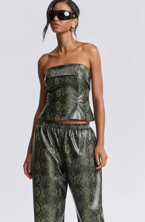 Avec Les Filles Python Print Faux Leather Strapless Top