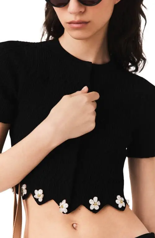 Maje Cropped Textured Knit Cardigan With Floral Embellishments