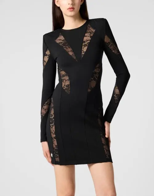 Philipp Plein Multicutting Long Sleeve Mini Dress Lace - Black