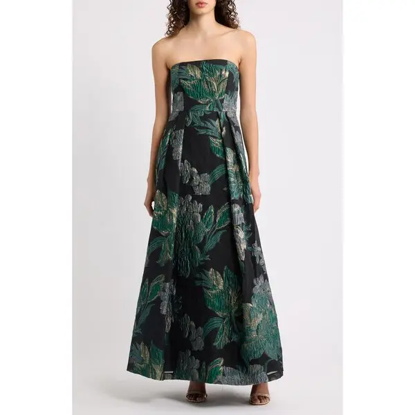 Eliza J Strapless Metallic Jacquard A-line Gown - Hunter