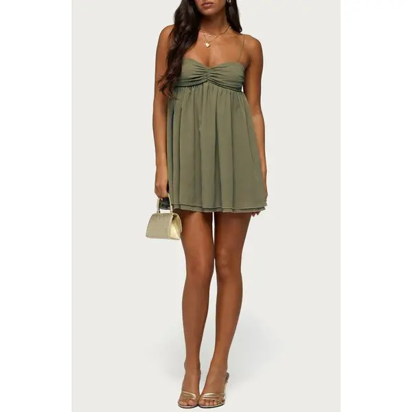 EDIKTED Ariellah Chiffon Babydoll Minidress - Olive
