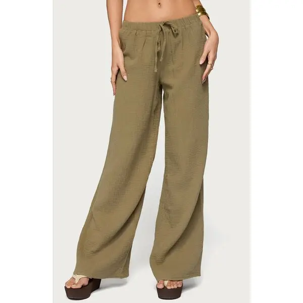 EDIKTED Viktoria Wide Leg Gauze Pants - Olive