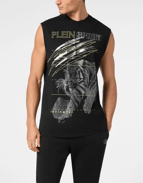 PLEIN SPORT Cotton Dotted T-shirt Round Neck Sleeveless Lamina Tiger - Black/silver