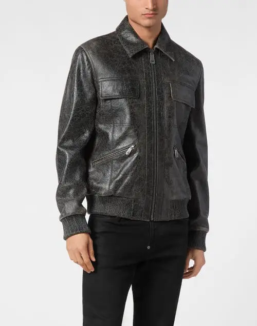 Philipp Plein Leather Coster Bomber Jacket Ls - Darkgrey