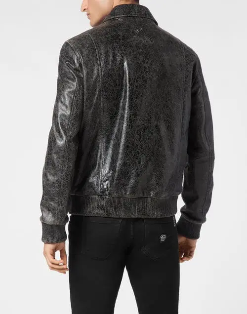 Philipp Plein Leather Coster Bomber Jacket Ls