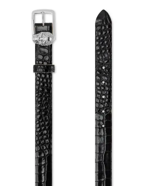 Philipp Plein Crocodile-print Leather Belt With Embellished Skull Buckle - Black
