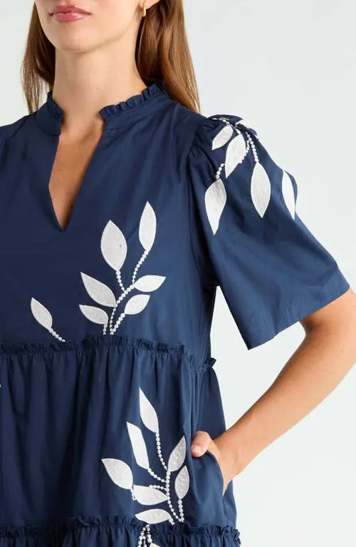 SUGARLIPS Dixie Split Neck Cotton Dress With Tiered Skirt - Navy