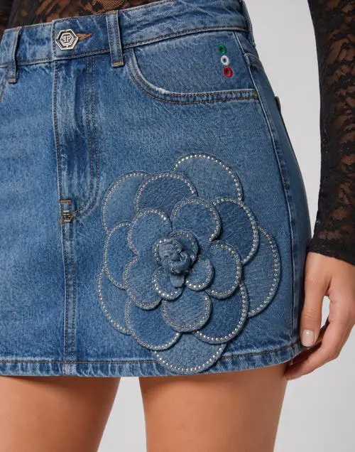 Philipp Plein Denim Mini Skirt With Rose Embellishment