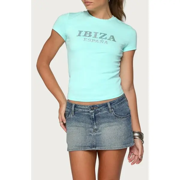 EDIKTED Ibiza Rhinestone Graphic Baby Tee