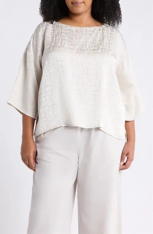 Eileen Fisher Bateau Neck Box Top With 3/4 Sleeves In Silk - Plaster