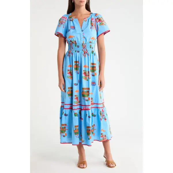 SUGARLIPS Ordy Smocked Cotton Maxi Dress - Blue-multi