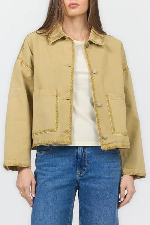 DEAR JOHN Sable Chore Embroidery Trim Jacket - Khaki