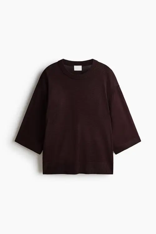 H&M Short-sleeved Fine-knit Top - Dark Brown