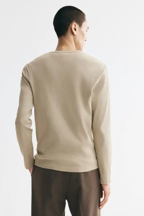 H&M Slim-fit Ribbed Henley Shirt - Beige