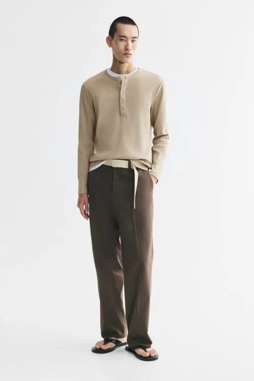 H&M Slim-fit Ribbed Henley Shirt - Beige