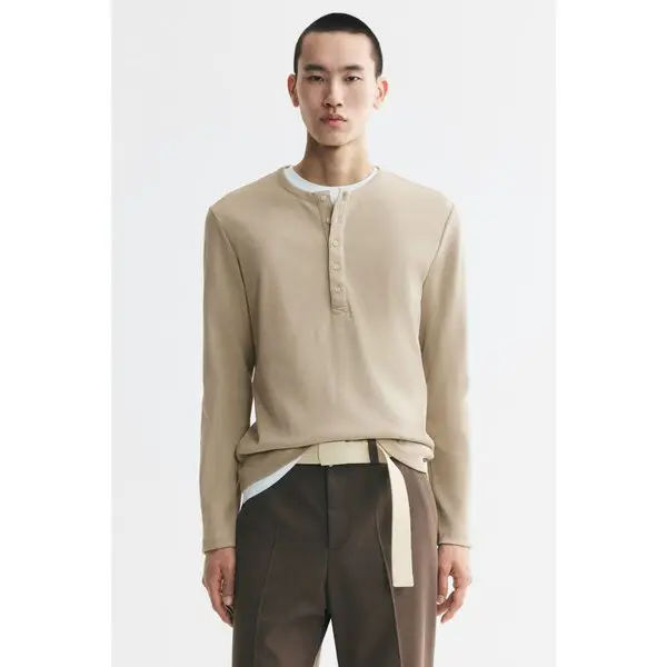 H&M Slim-fit Ribbed Henley Shirt - Beige