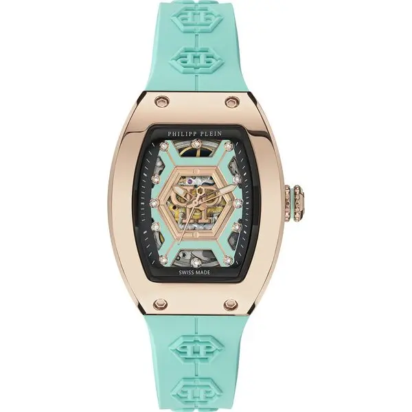 Philipp Plein Diamond "queen" Swiss Made Watch With Rose Gold Tone And Details - Turquoise