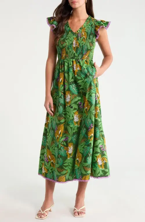 SUGARLIPS Merlin Smocked Bodice Flutter Sleeve Cotton Midi Sundress - Green-multi