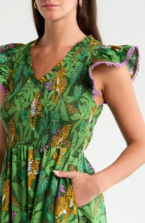 SUGARLIPS Merlin Smocked Bodice Flutter Sleeve Cotton Midi Sundress