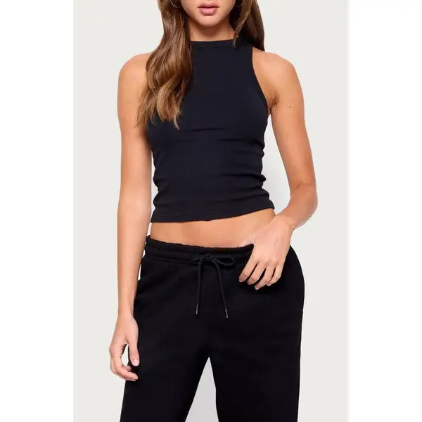 EDIKTED Filipa High Neck Racerback Crop Rib Tank - Black