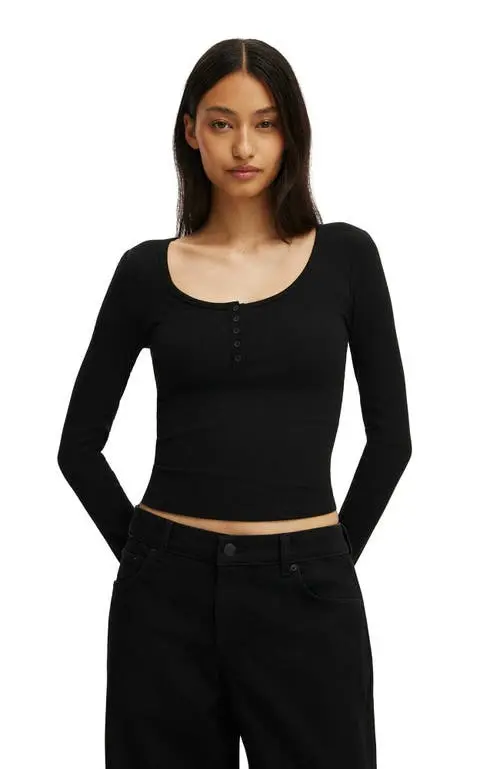 COTTON ON Blake Rib Scoop Henley Long Sleeve - Black