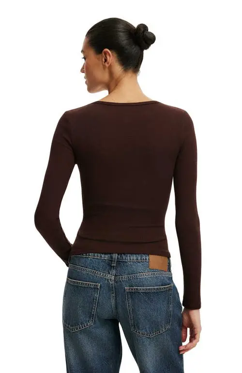 COTTON ON Blake Scoop Henley Long Sleeve - Dark Oak