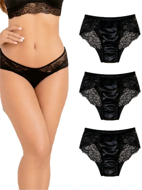 SILKSILKY Pure Silk 3-pack Lace Briefs Panties - Black