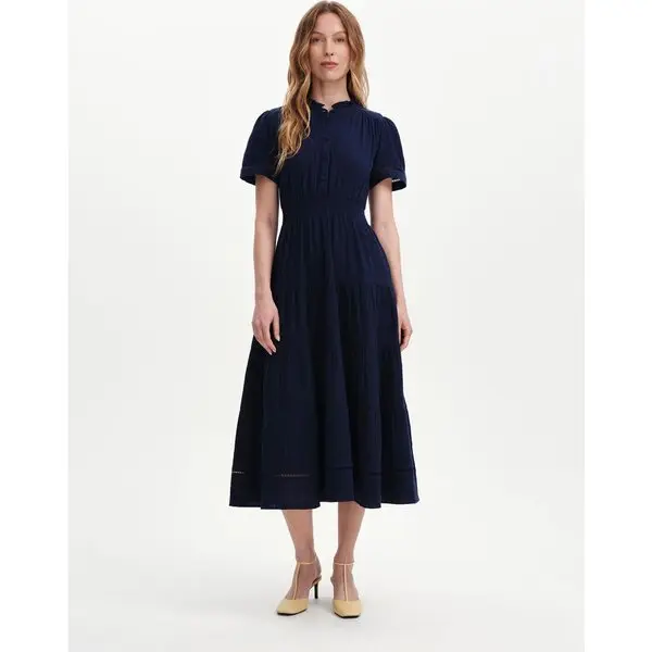 FINERY LONDON Natalia Cotton Cheesecloth Midi Dress - Navy