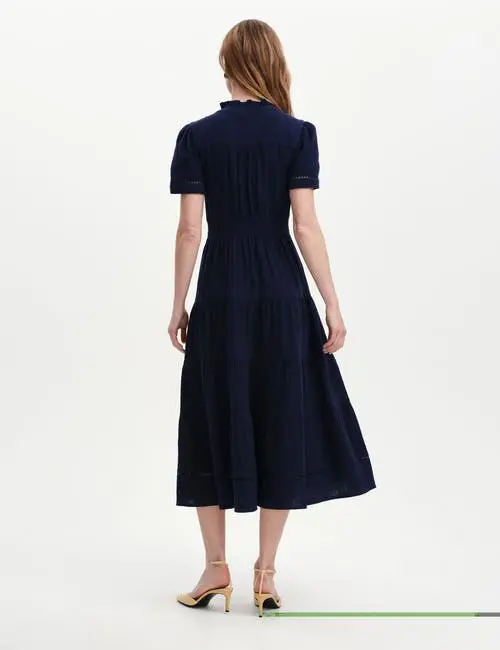 FINERY LONDON Natalia Cotton Cheesecloth Midi Dress - Navy