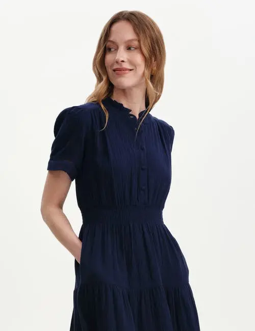 FINERY LONDON Natalia Cotton Cheesecloth Midi Dress - Navy