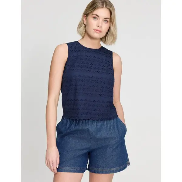 FINERY LONDON Gloria Cotton Broderie Sleeveless Top - Navy