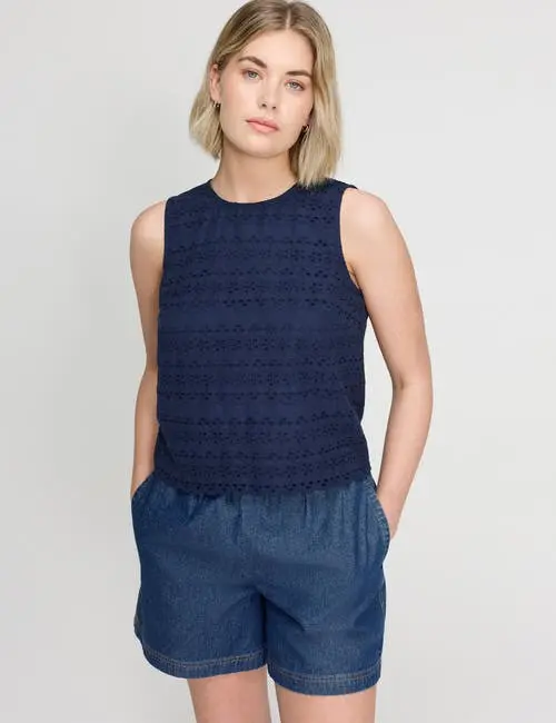 FINERY LONDON Gloria Cotton Broderie Sleeveless Top - Navy