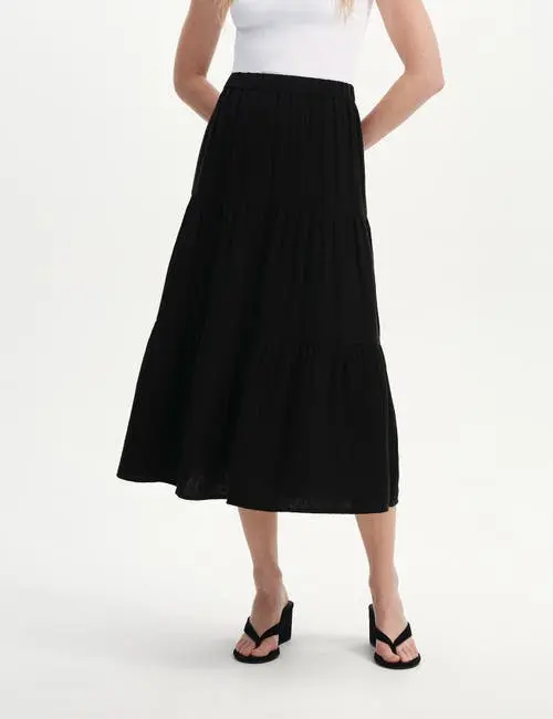 FINERY LONDON Harriet Cotton Cheesecloth Midi Skirt - Black