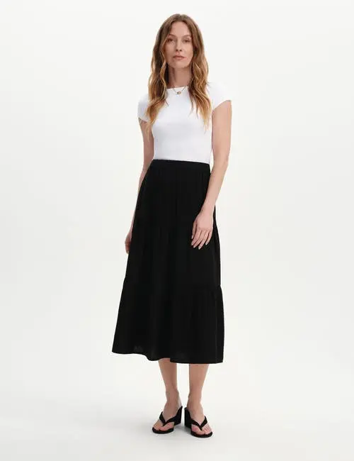 FINERY LONDON Harriet Cotton Cheesecloth Midi Skirt - Black