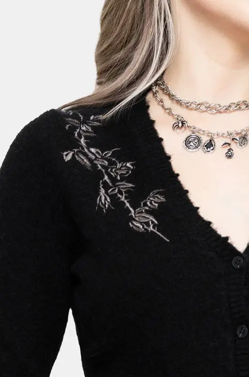 DISTURBIA Rime Embroidered V-neck Fitted Cardigan
