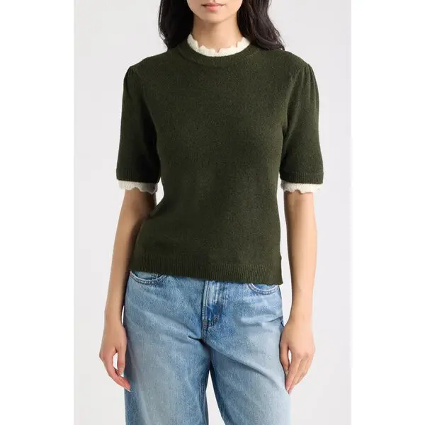 WAYF Everett Short Sleeve Sweater With Scalloped Mock Neck - Hunter