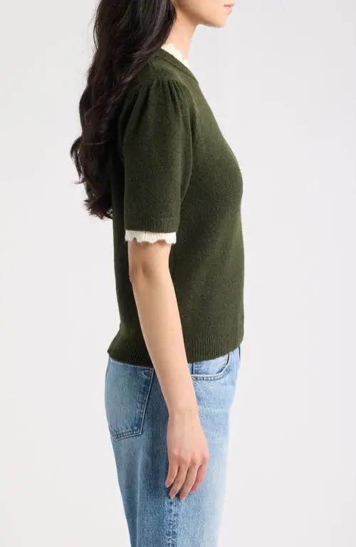 WAYF Everett Short Sleeve Sweater With Scalloped Mock Neck - Hunter