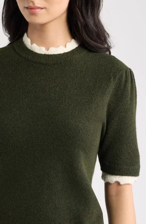 WAYF Everett Short Sleeve Sweater With Scalloped Mock Neck - Hunter