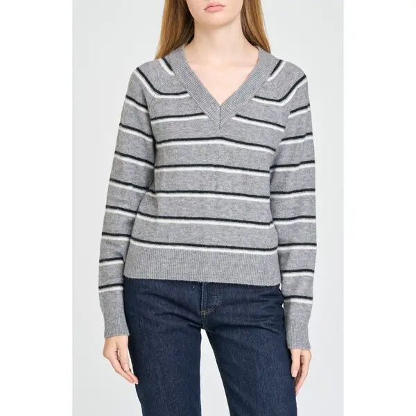 WAYF Quincy Striped V-neck Sweater - Grey/ivory