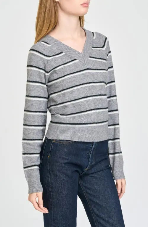 WAYF Quincy Striped V-neck Sweater - Grey/ivory