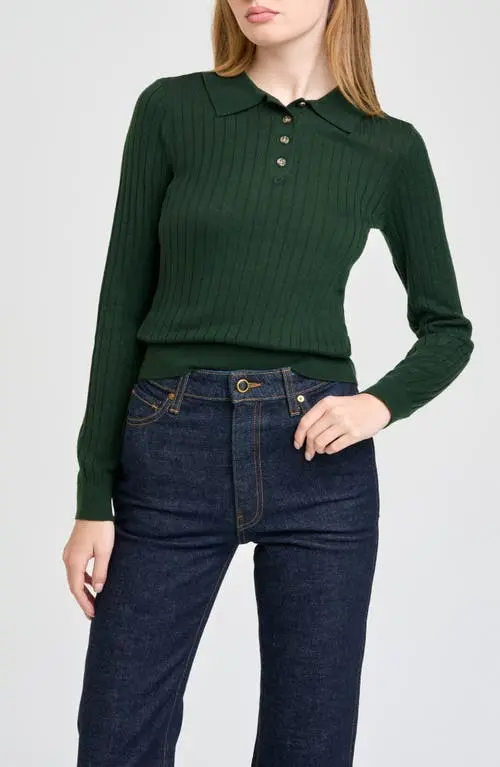 WAYF Evie Ribbed Polo Sweater - Hunter