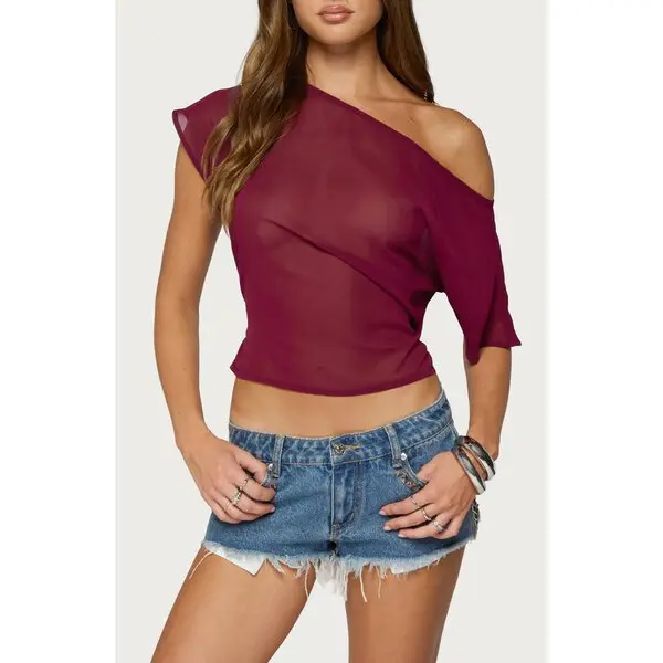 EDIKTED Noria One-shoulder Sheer Chiffon Top - Maroon