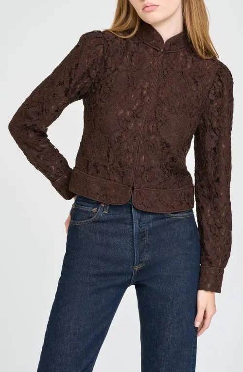WAYF Eleanor Lace Jacket With Puff Shoulders - Chocolate
