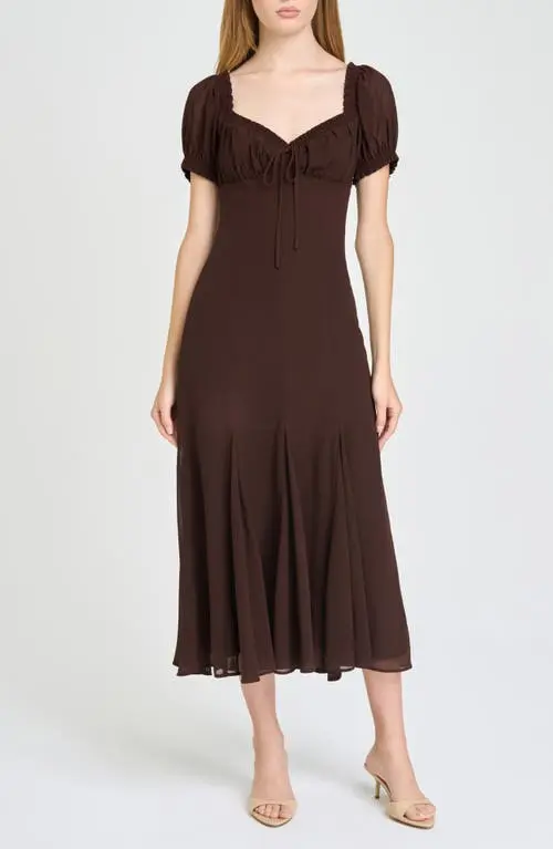 WAYF Natalie Midi Dress With Puff Sleeves And Sweetheart Neckline - Chocolate