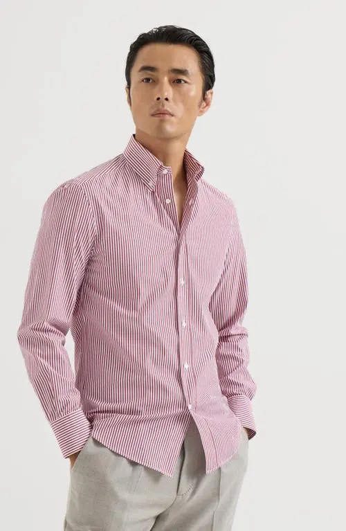 Brunello Cucinelli Striped Poplin Shirt With Button-down Collar
